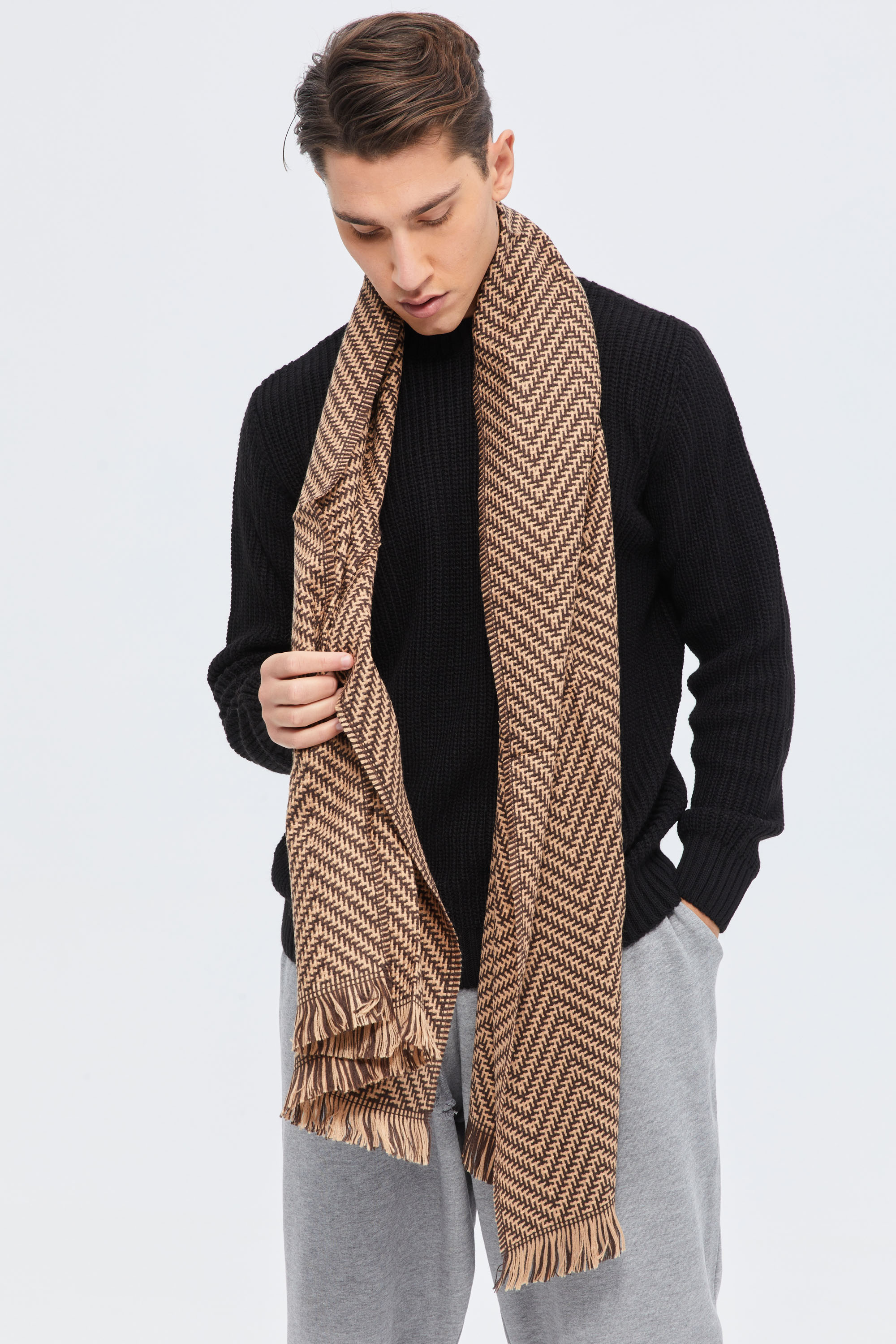 Beige Wool Scarf In Fishbone Pattern | Aristoteli Bitsiani