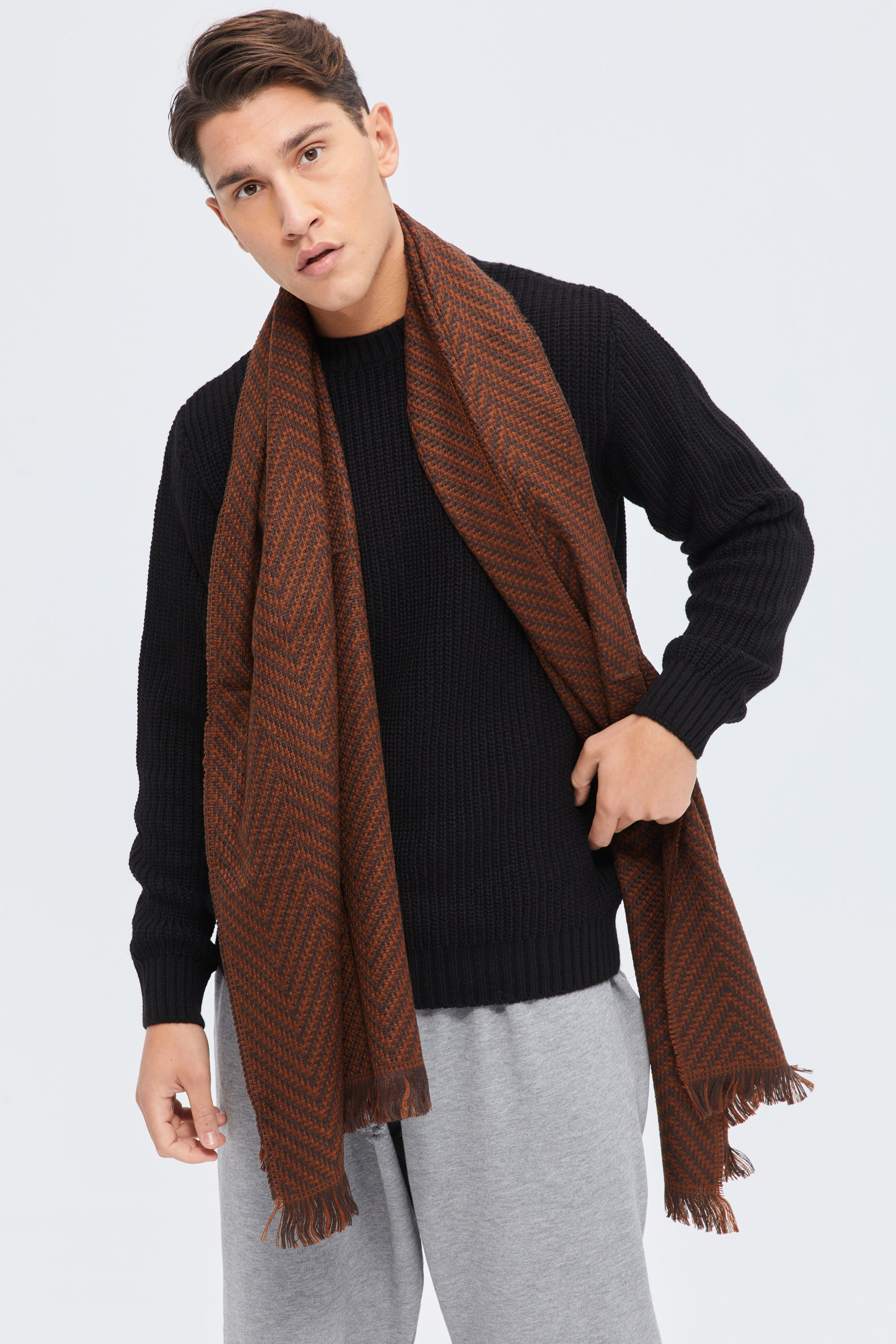 Brown Wool Scarf In Fishbone Pattern | Aristoteli Bitsiani
