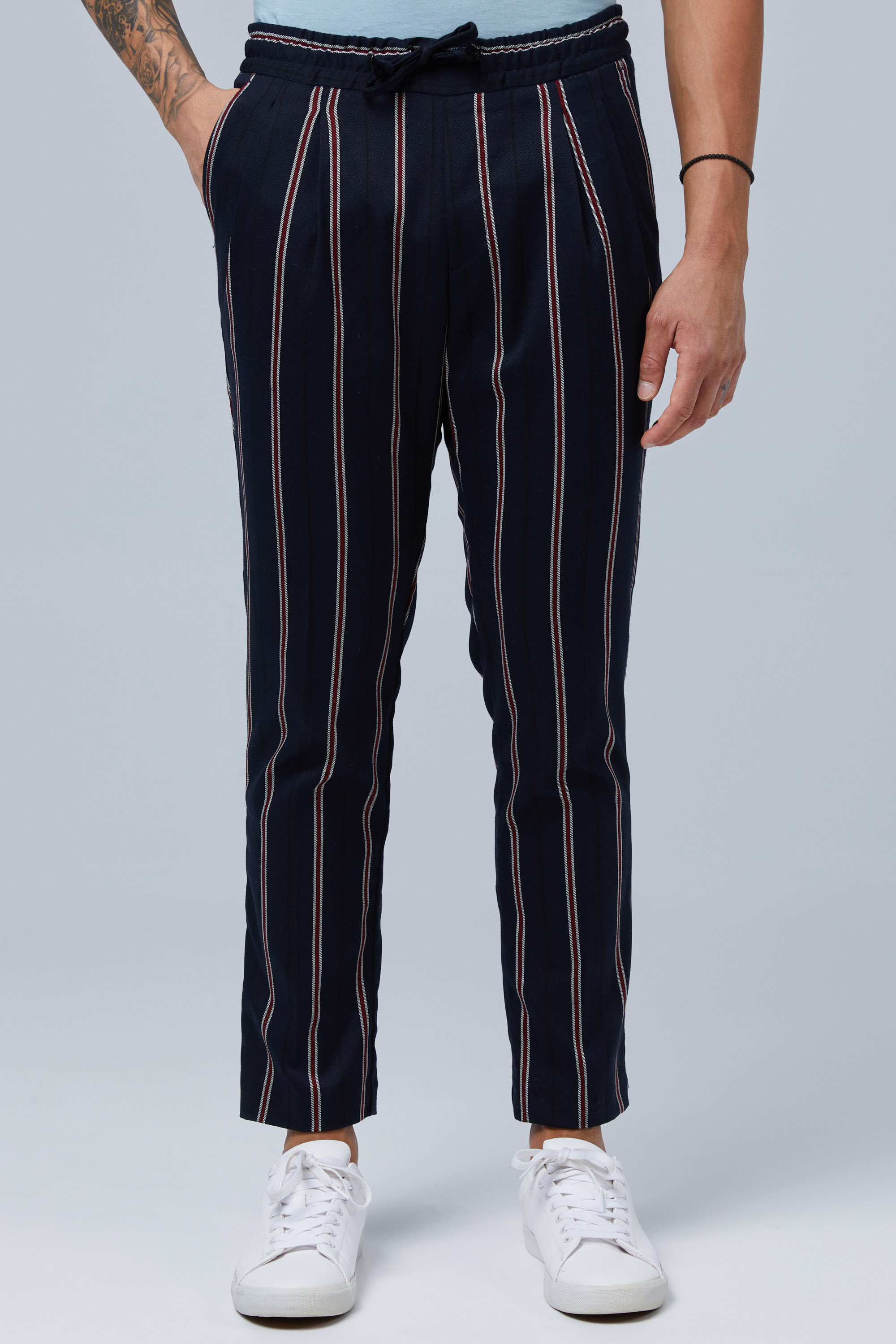 Blue Drawstring Striped Trousers With Pleats | Aristoteli Bitsiani