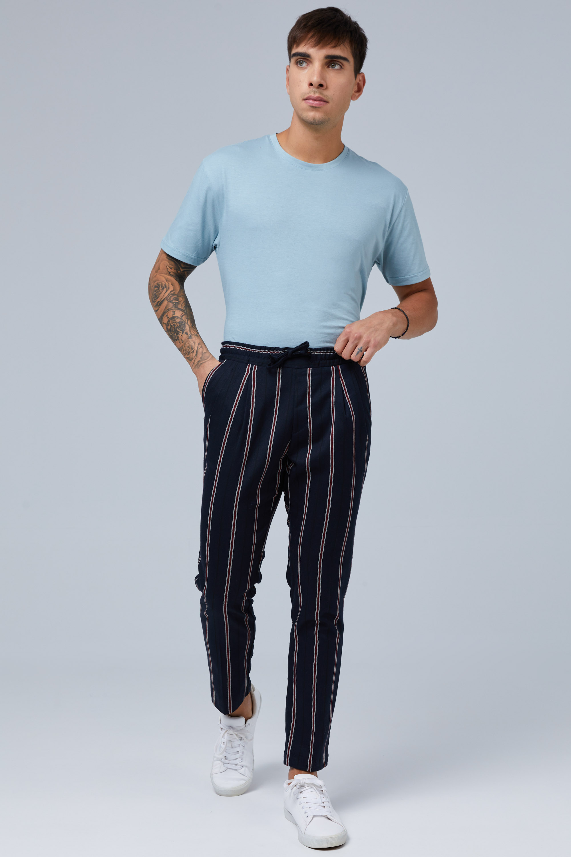 Blue Drawstring Striped Trousers With Pleats | Aristoteli Bitsiani